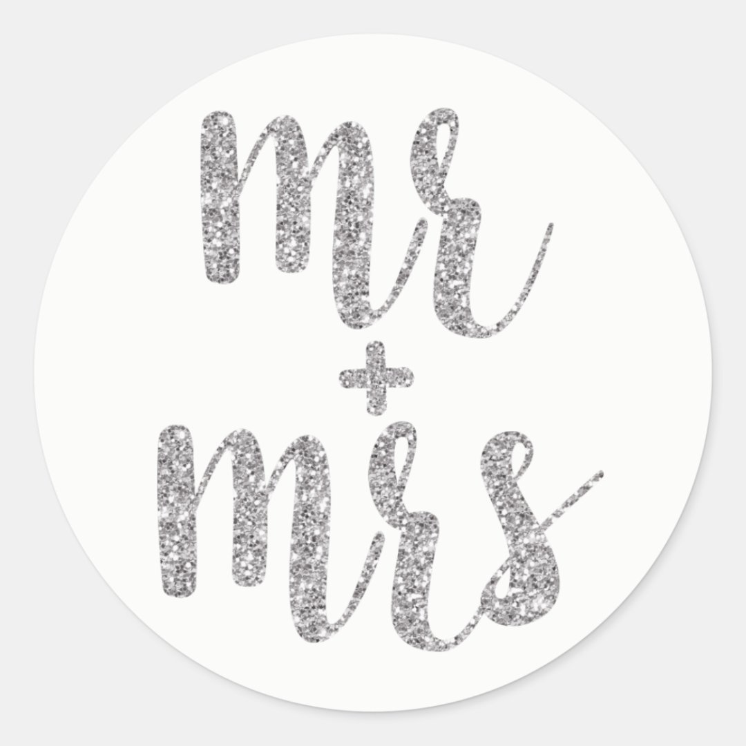 Silver Mr. & Mrs. stickers, glitter, round Classic Round Sticker | Zazzle