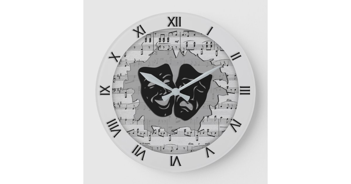 Silver Music and Theater Masks Large Clock | Zazzle