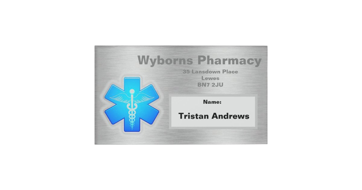 Silver name tag with pharmacy name | Zazzle