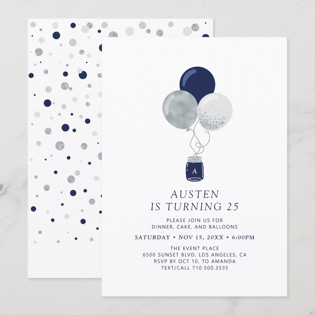 Silver & Navy Balloons Modern Adult Birthday Party Invitation | Zazzle