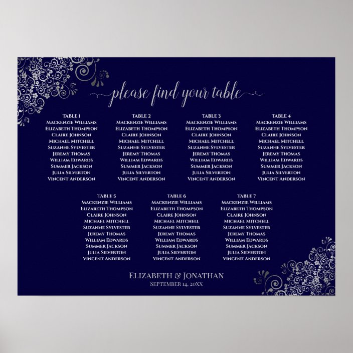 Silver & Navy Blue 7 Table Wedding Seating Chart | Zazzle.com