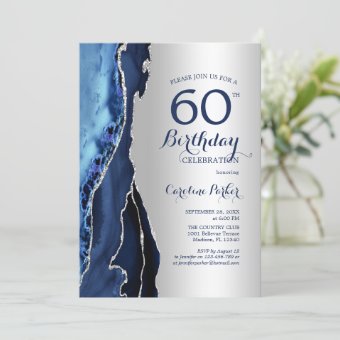 Silver Navy Blue Agate 60th Birthday Invitation | Zazzle