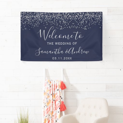 Silver navy blue confetti typography wedding banner | Zazzle