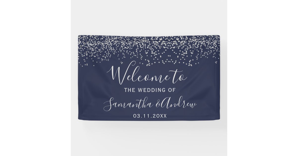 Silver navy blue confetti typography wedding banner | Zazzle