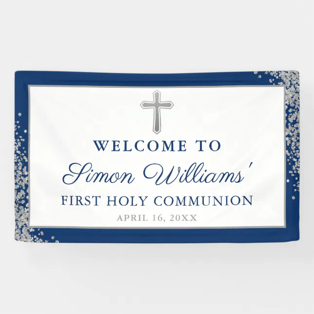 Silver Navy Blue First Holy Communion Banner | Zazzle