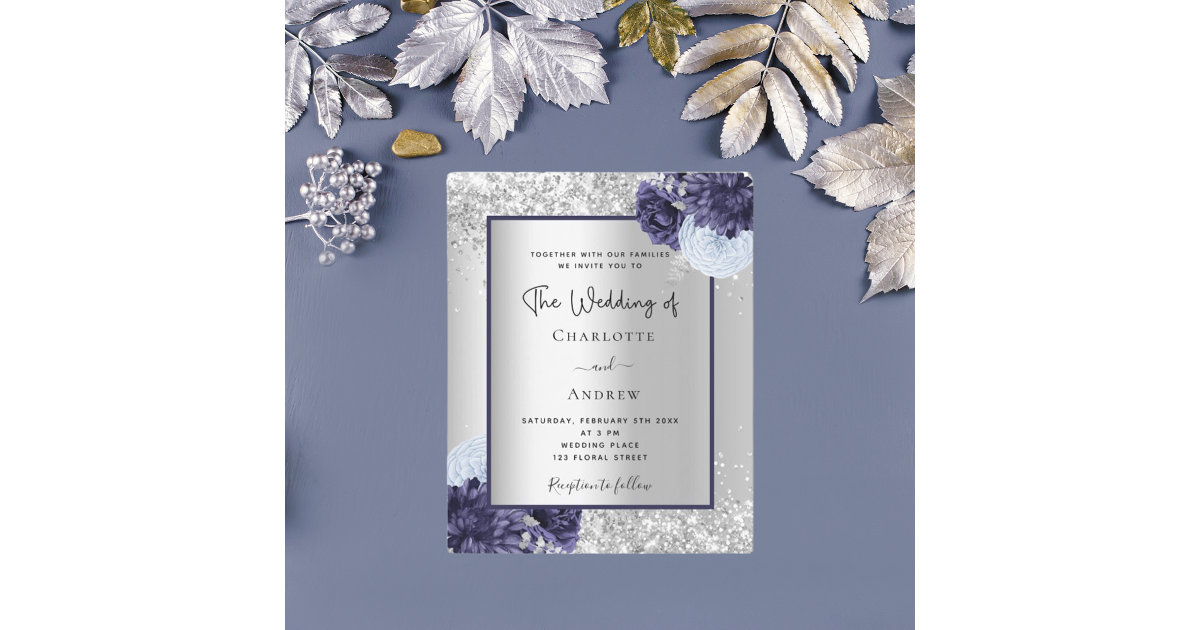 Silver navy blue floral wedding invitation | Zazzle