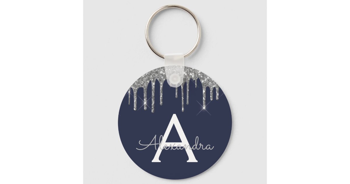 Silver Navy Blue Girly Sparkly Glitter Monogram Keychain | Zazzle