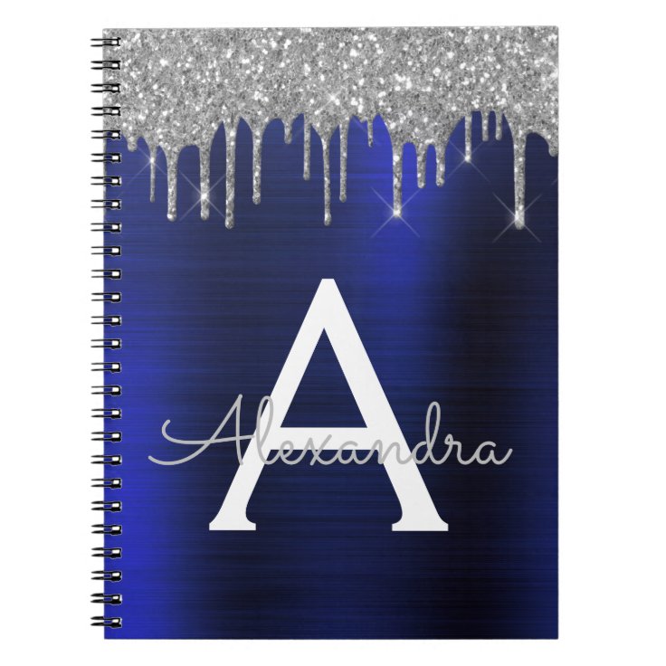 Silver Navy Blue Glitter Brushed Metal Monogram Notebook | Zazzle
