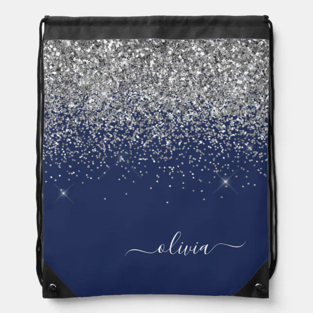 Silver Navy Blue Glitter Girly Monogram Name Drawstring Bag | Zazzle