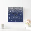 Silver Navy Blue Glitter Girly Monogram Name Square Wall Clock | Zazzle