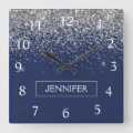 Silver Navy Blue Glitter Girly Monogram Name Square Wall Clock | Zazzle