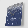 Silver Navy Blue Glitter Girly Monogram Name Square Wall Clock | Zazzle