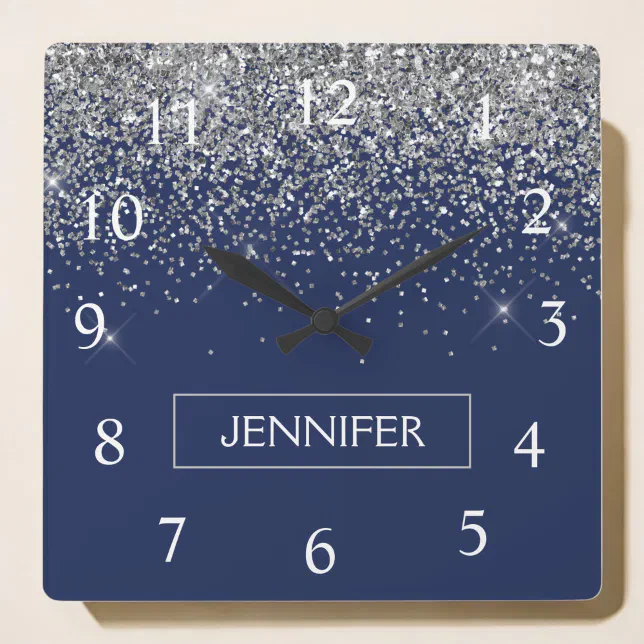 Silver Navy Blue Glitter Girly Monogram Name Square Wall Clock | Zazzle