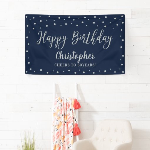 Silver & Navy Blue Happy Birthday Party Banner | Zazzle