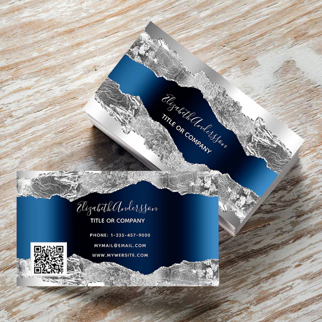 Silver navy blue metal agate marble QR code Business Card | Zazzle