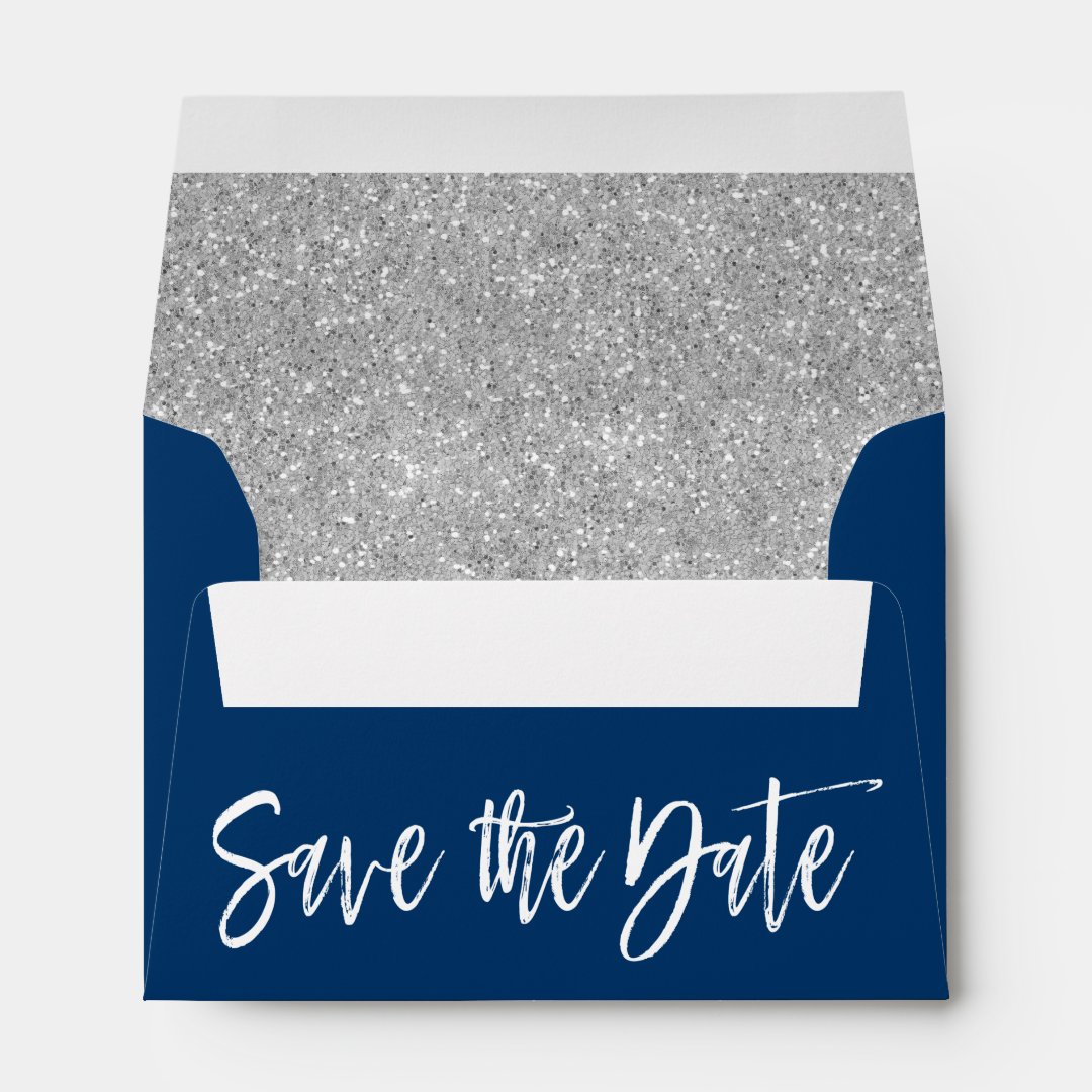 Silver & Navy Blue Save the Date Envelope | Zazzle