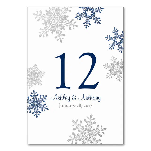 Silver Navy Blue White Snowflakes Winter Wedding Table Number | Zazzle