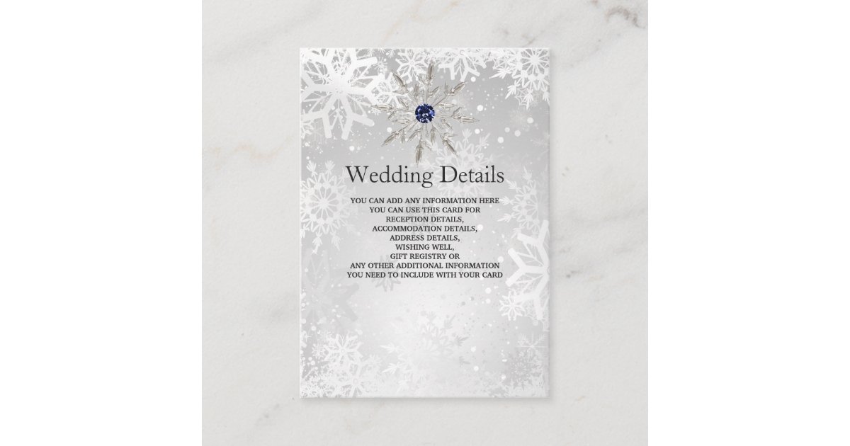 silver navy snowflakes winter Wedding Details Card | Zazzle