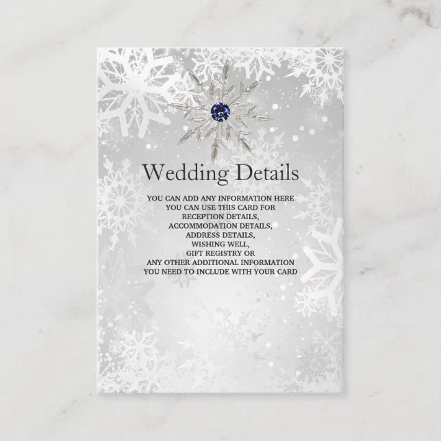 silver navy snowflakes winter Wedding Details Card | Zazzle