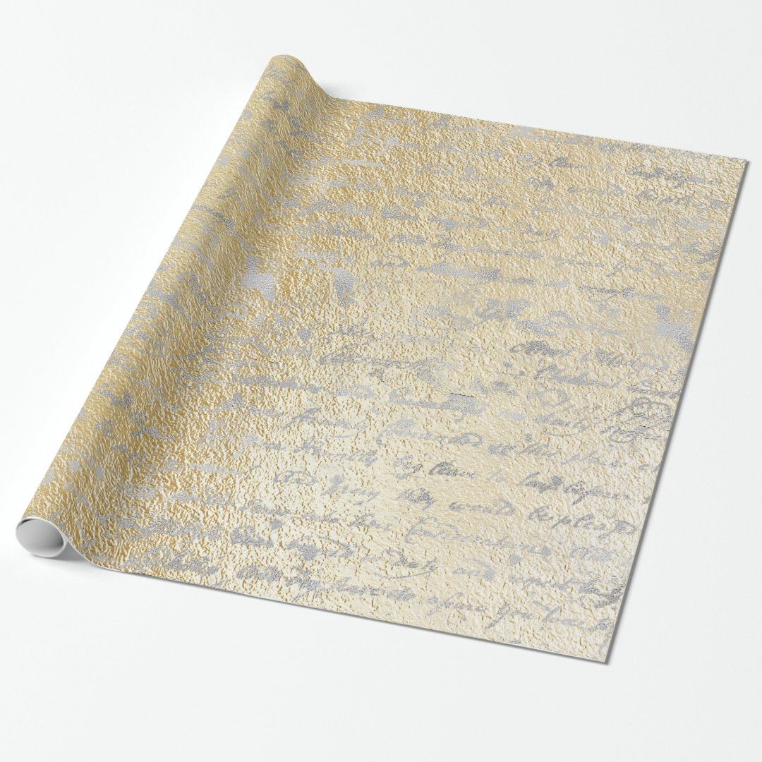 Silver Old Handwriting On Gold Textured Tablet Wrapping Paper | Zazzle