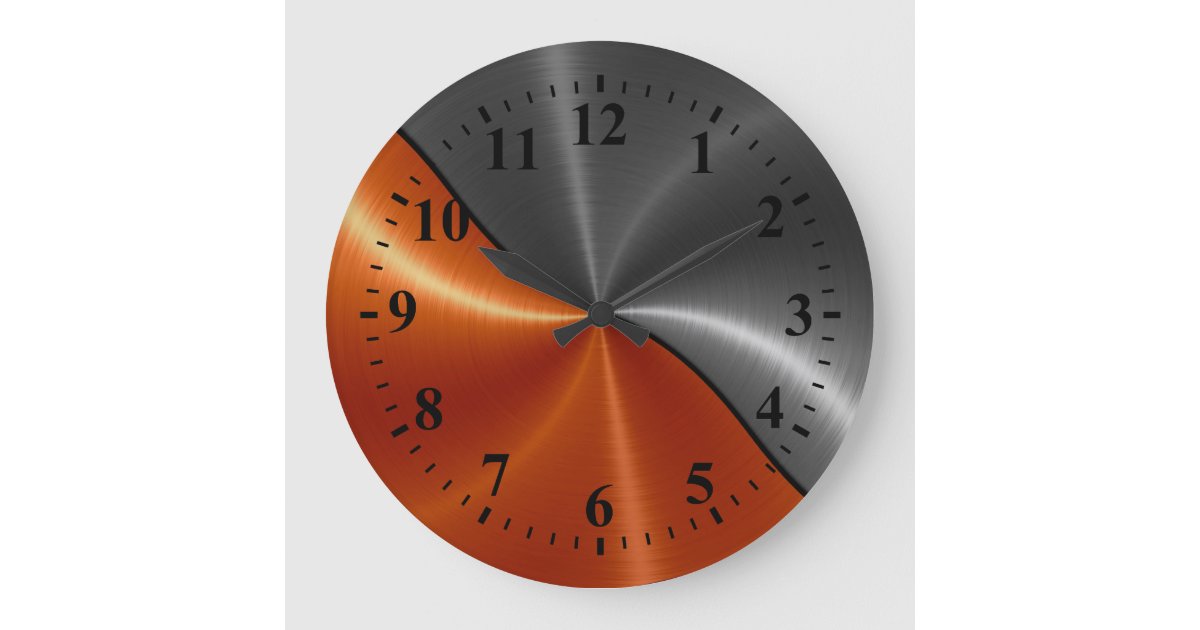 Silver Orange Stainless Steel Metal Look Large Clock | Zazzle