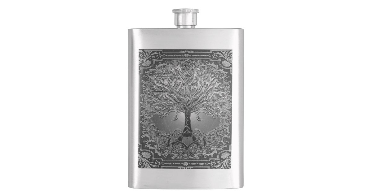 Silver Ornate Tree of Life Ancient Rustic Flask | Zazzle