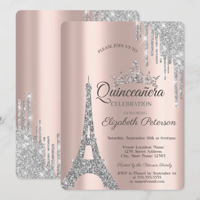 Silver Paris Eiffel Tower,Drips Quinceañera Invitation | Zazzle