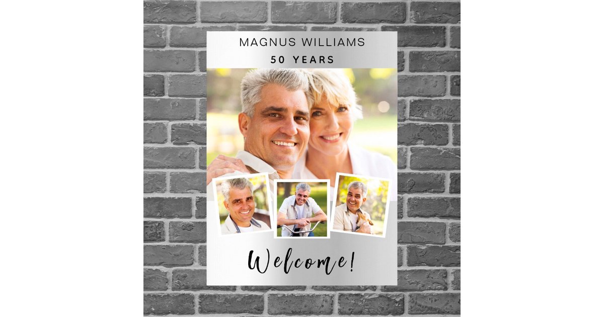 Silver photo collage birthday party welcome poster | Zazzle