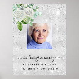 Silver photo elegant floral memorial funeral poster | Zazzle