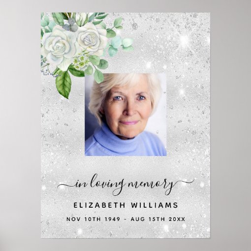 Silver photo elegant floral memorial funeral poster | Zazzle