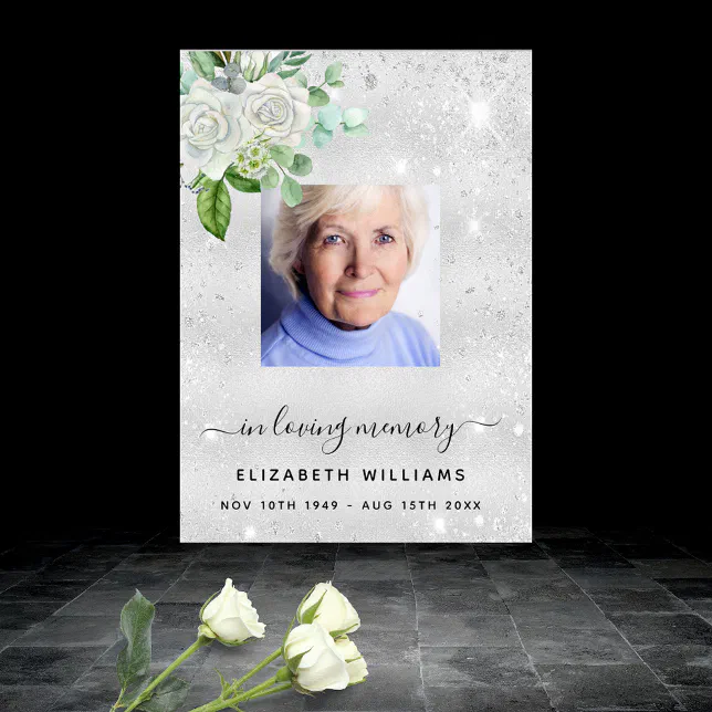 Silver photo elegant floral memorial funeral poster | Zazzle
