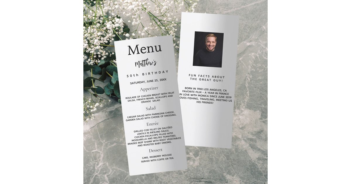 Silver photo fun facts birthday menu card | Zazzle