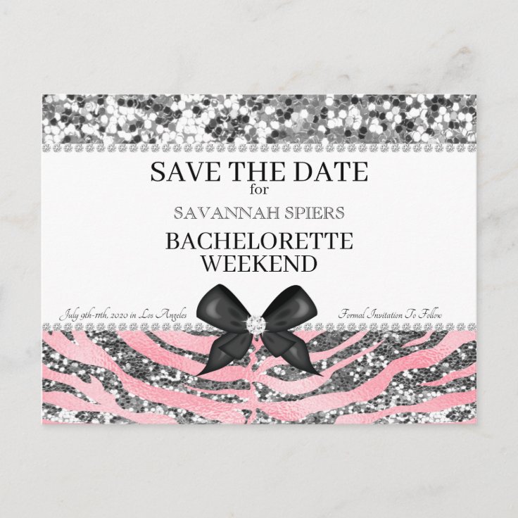 Silver Pink Bachelorette Weekend Save the Date Announcement Postcard ...