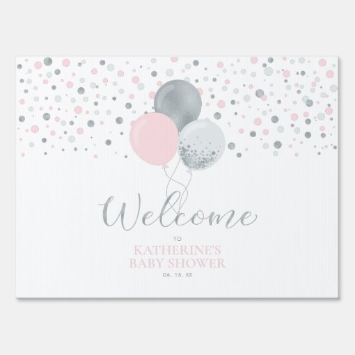Silver Pink Balloons Girl Baby Shower Welcome Sign | Zazzle