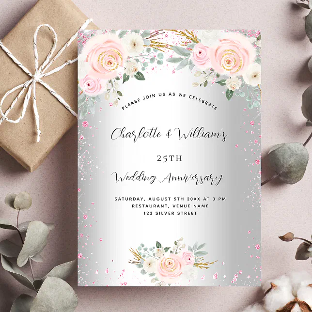 Silver pink floral 25th wedding anniversary invitation | Zazzle