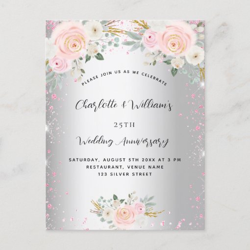 Silver pink floral 25th wedding anniversary invitation postcard | Zazzle