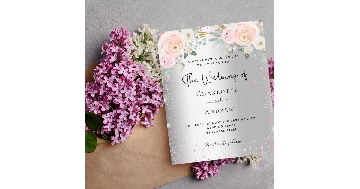 Silver pink florals budget wedding invitation | Zazzle