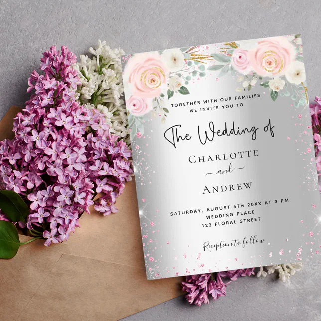 Silver pink florals budget wedding invitation | Zazzle