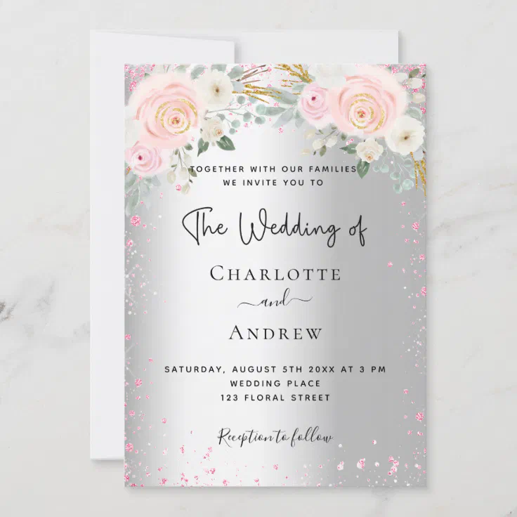 Silver pink florals glitter elegant wedding invitation | Zazzle