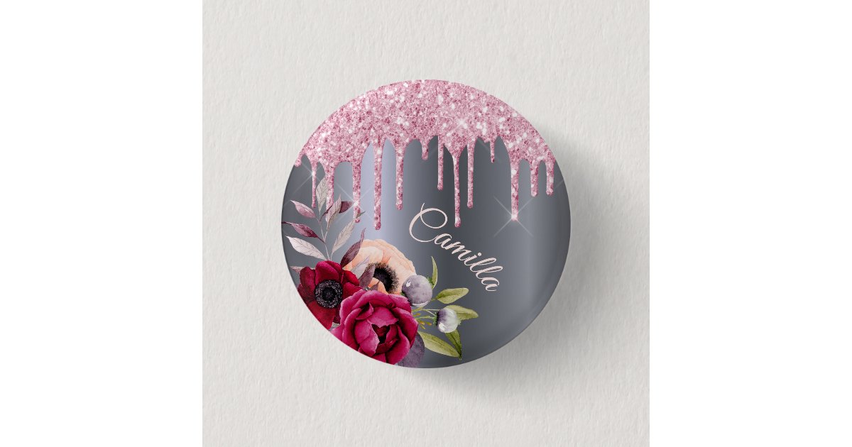 Silver pink glitter drip floral name tag button | Zazzle