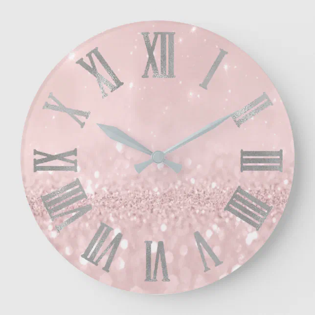Silver Pink Glitter Minimal Metallic Roman Numers Large Clock | Zazzle