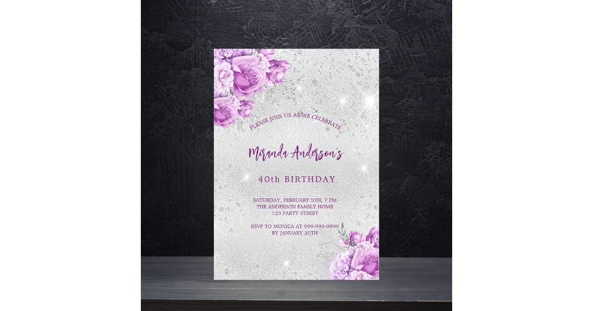 Silver pink violet flowers luxury birthday invitation | Zazzle