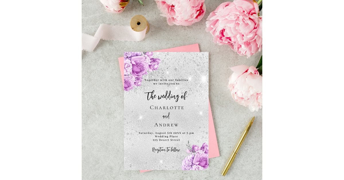 Silver pink violet flowers luxury wedding invitation | Zazzle