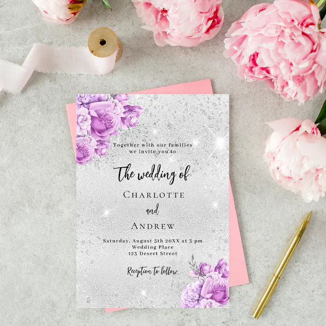 Silver pink violet flowers luxury wedding invitation | Zazzle