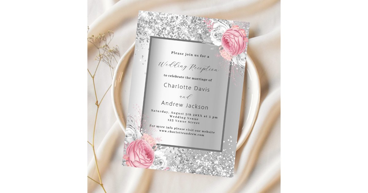Silver pink white floral luxury wedding reception invitation | Zazzle