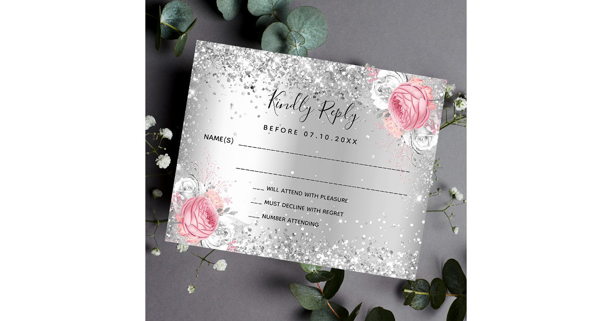 Silver pink white florals budget wedding RSVP Flyer | Zazzle