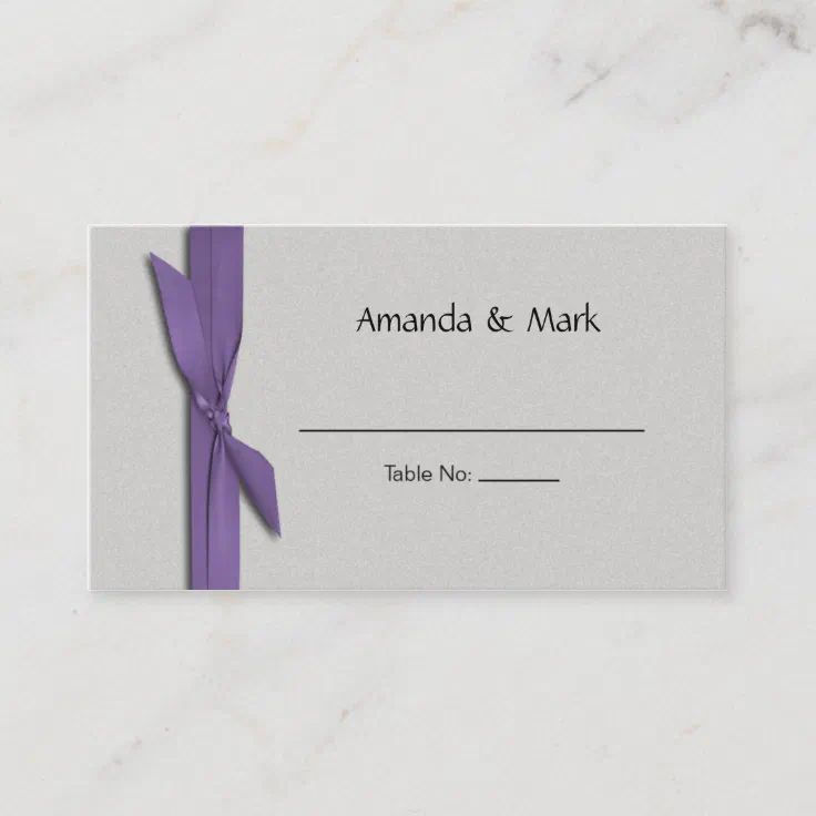 Silver Place Card with Purple Ribbon | Zazzle