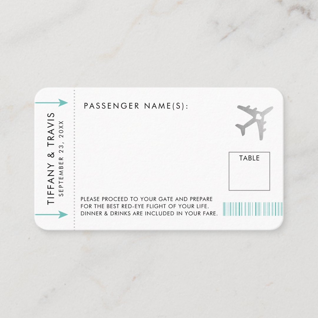 Silver Plane Ticket Boarding Pass Place Card | Zazzle