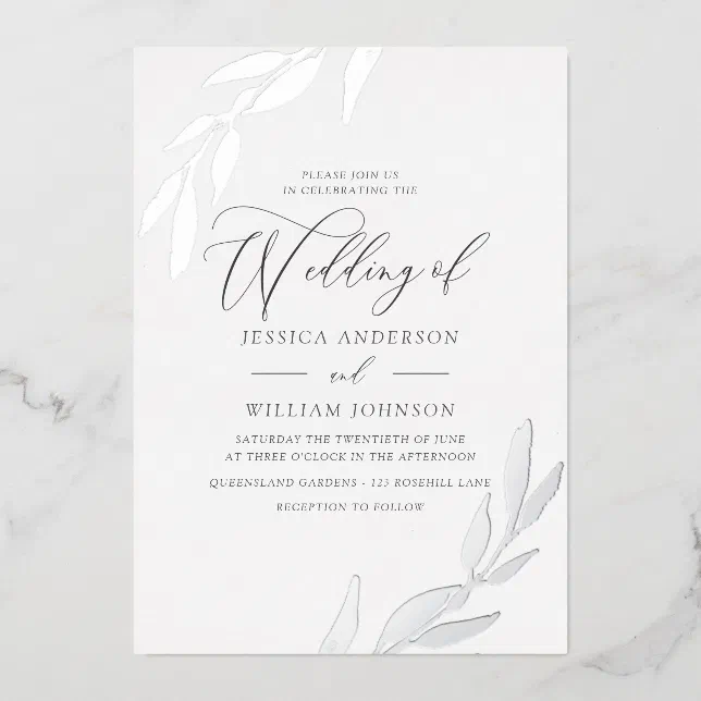 Silver Pressed Foil Leaf Supremely Elegant Wedding Foil Invitation | Zazzle