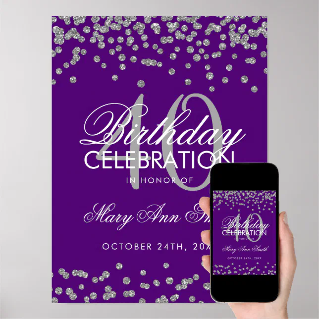 Silver Purple 40th Birthday Glitter Confetti Poster | Zazzle